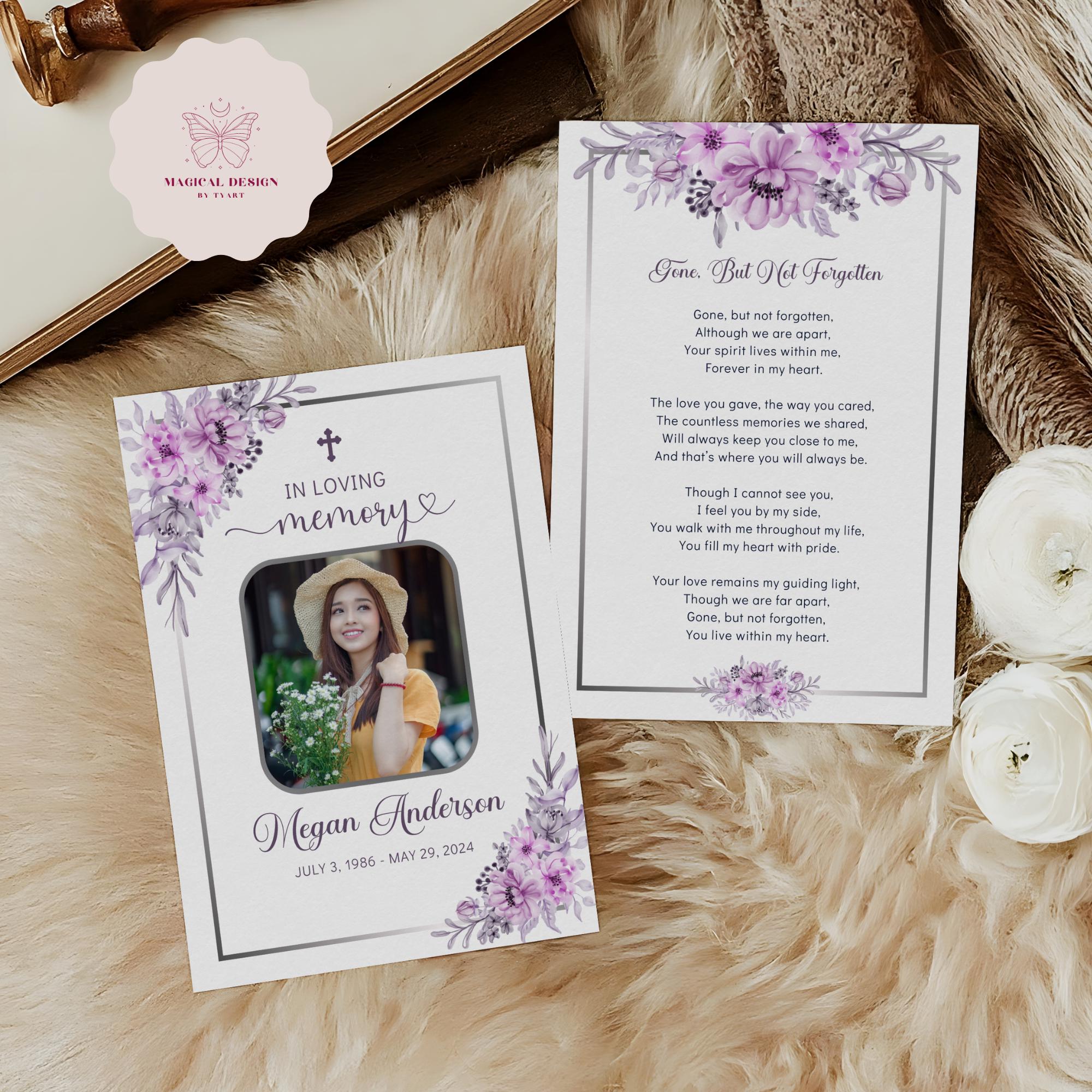 Editable Funeral Prayer Card Template for Mother, Purple Flower in ...
