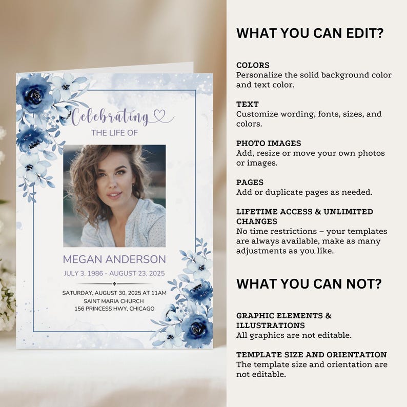 Digital Funeral Program Template Editable Canva Blue Floral Memorial ...
