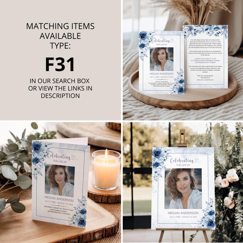 Digital Funeral Program Template Editable Canva Blue Floral Memorial ...