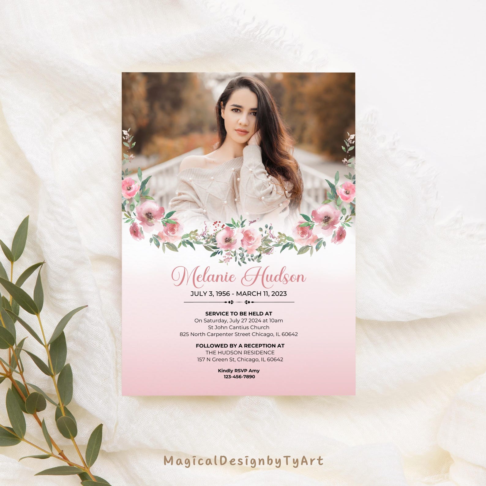Pink Flower Funeral Announcement Card, Editable Funeral Invitation ...