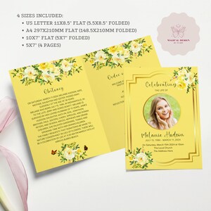 Editable Golden Yellow Funeral Program Template for Women, 4 Page ...