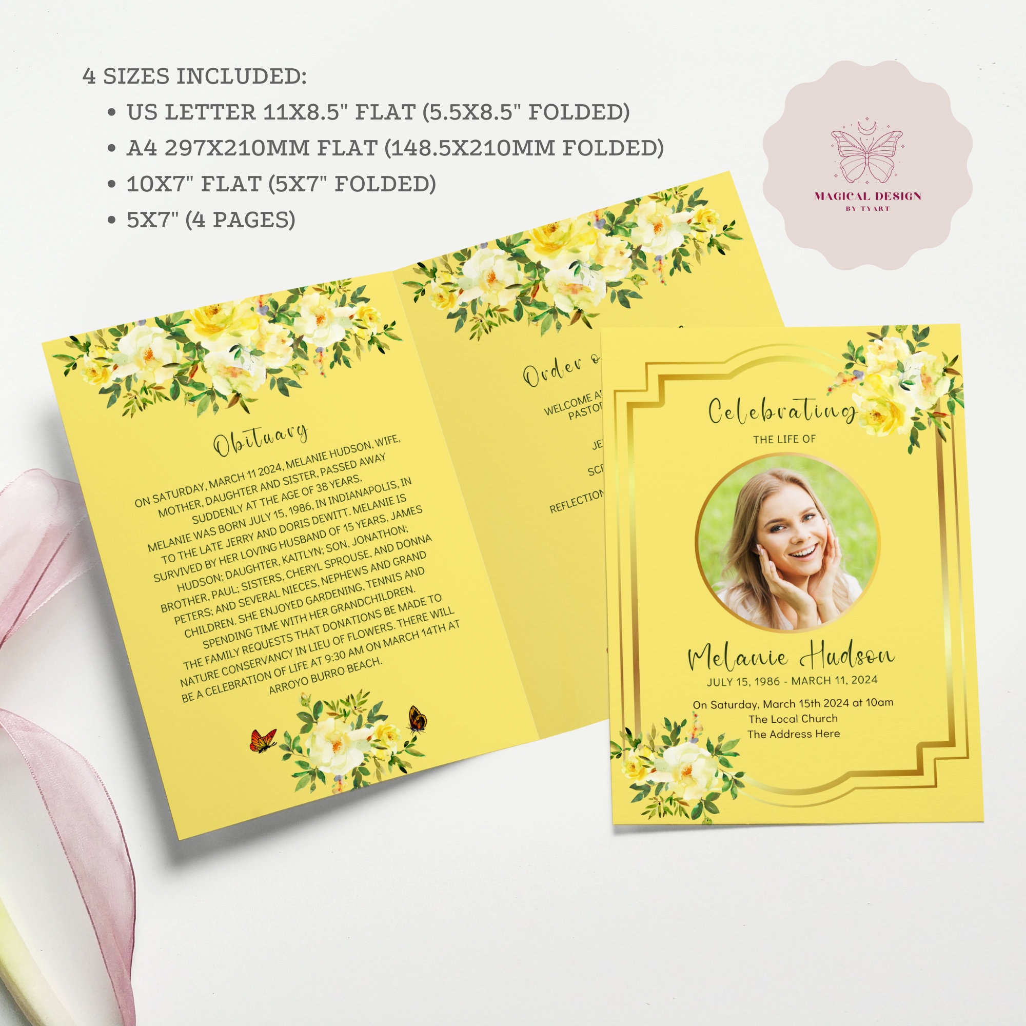 Editable Golden Yellow Funeral Program Template for Women, 4 Page ...