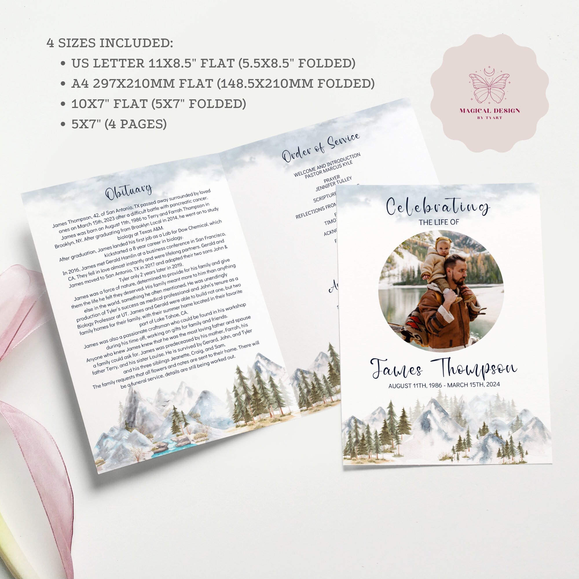 Editable Mountain Funeral Program Template for Man, 4 Page Bifold ...