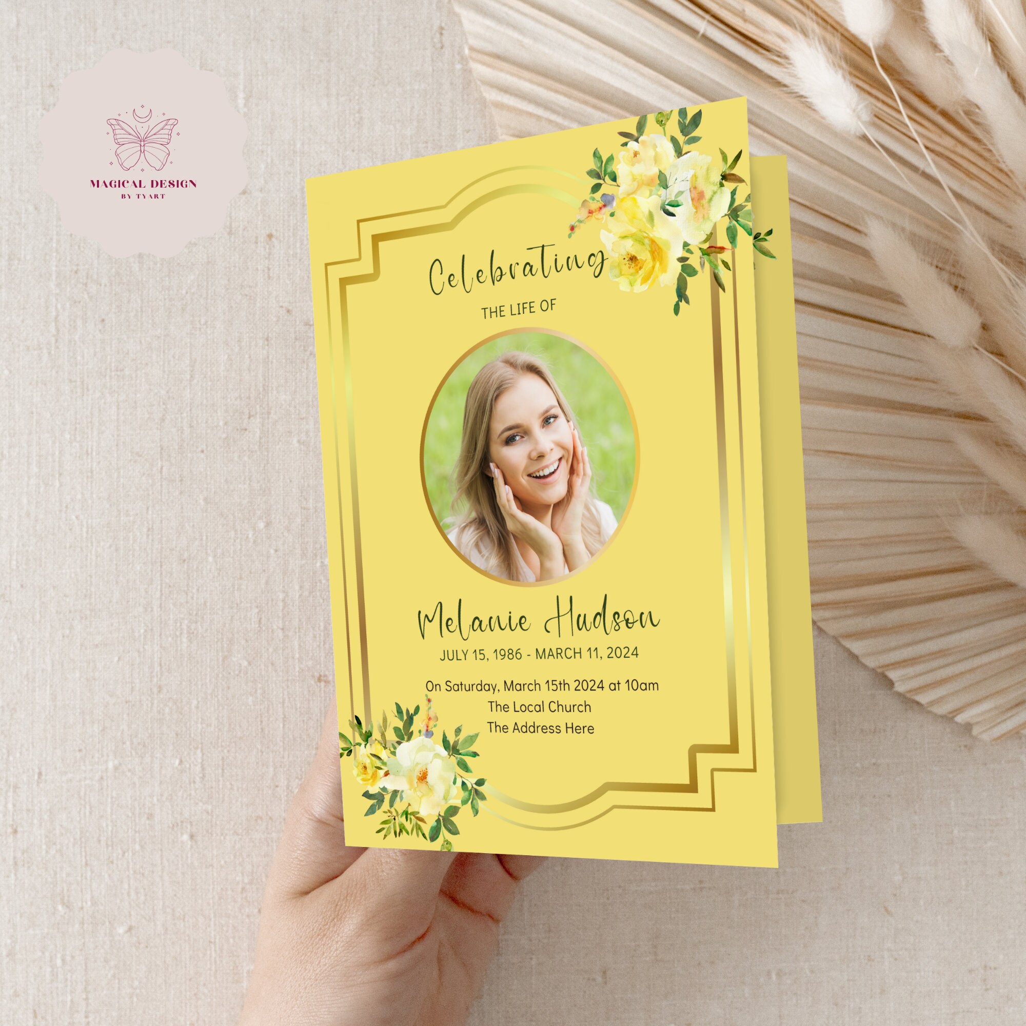 Editable Golden Yellow Funeral Program Template for Women, 4 Page ...