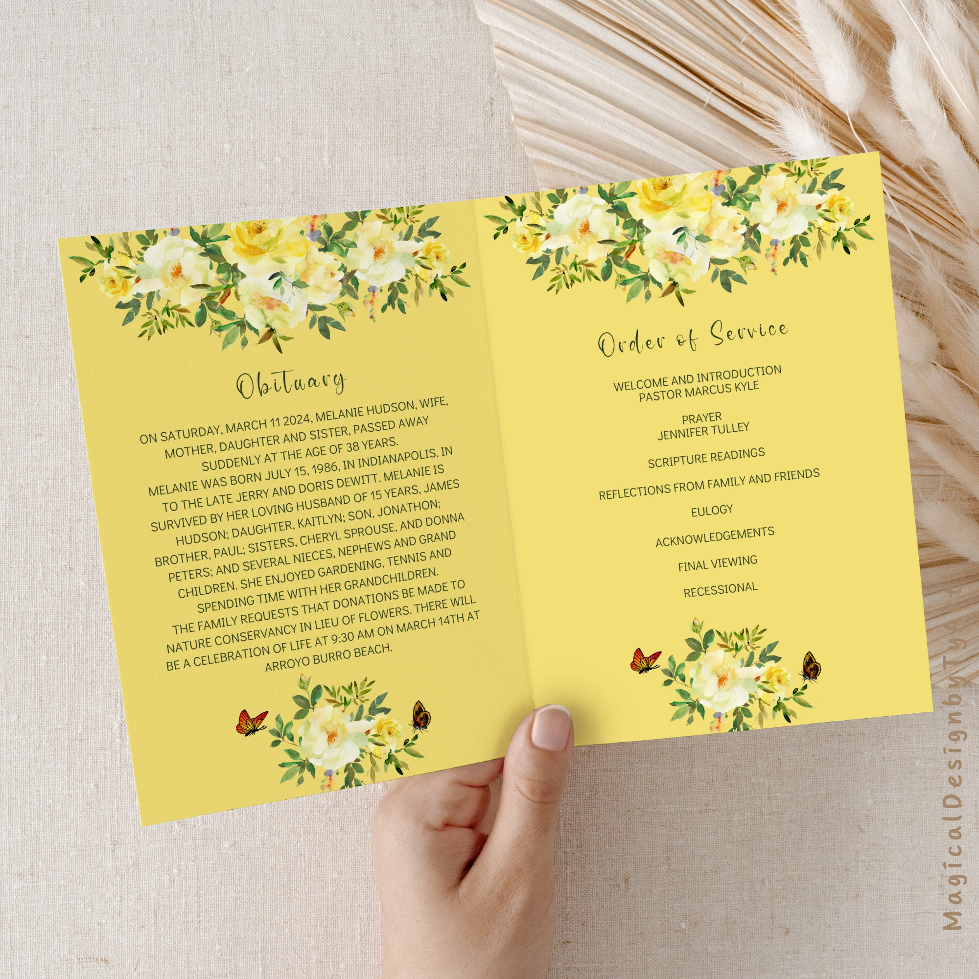 Editable Golden Yellow Funeral Program Template for Women, 4 Page ...