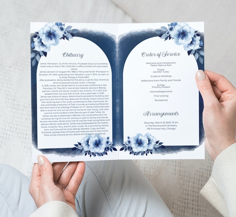 Blue Funeral Program Template, Editable Obituary Template for Man ...