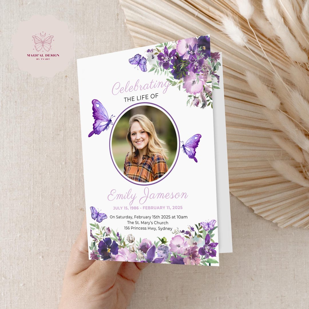 Editable Purple Butterfly Funeral Program Template for Women, Purple ...