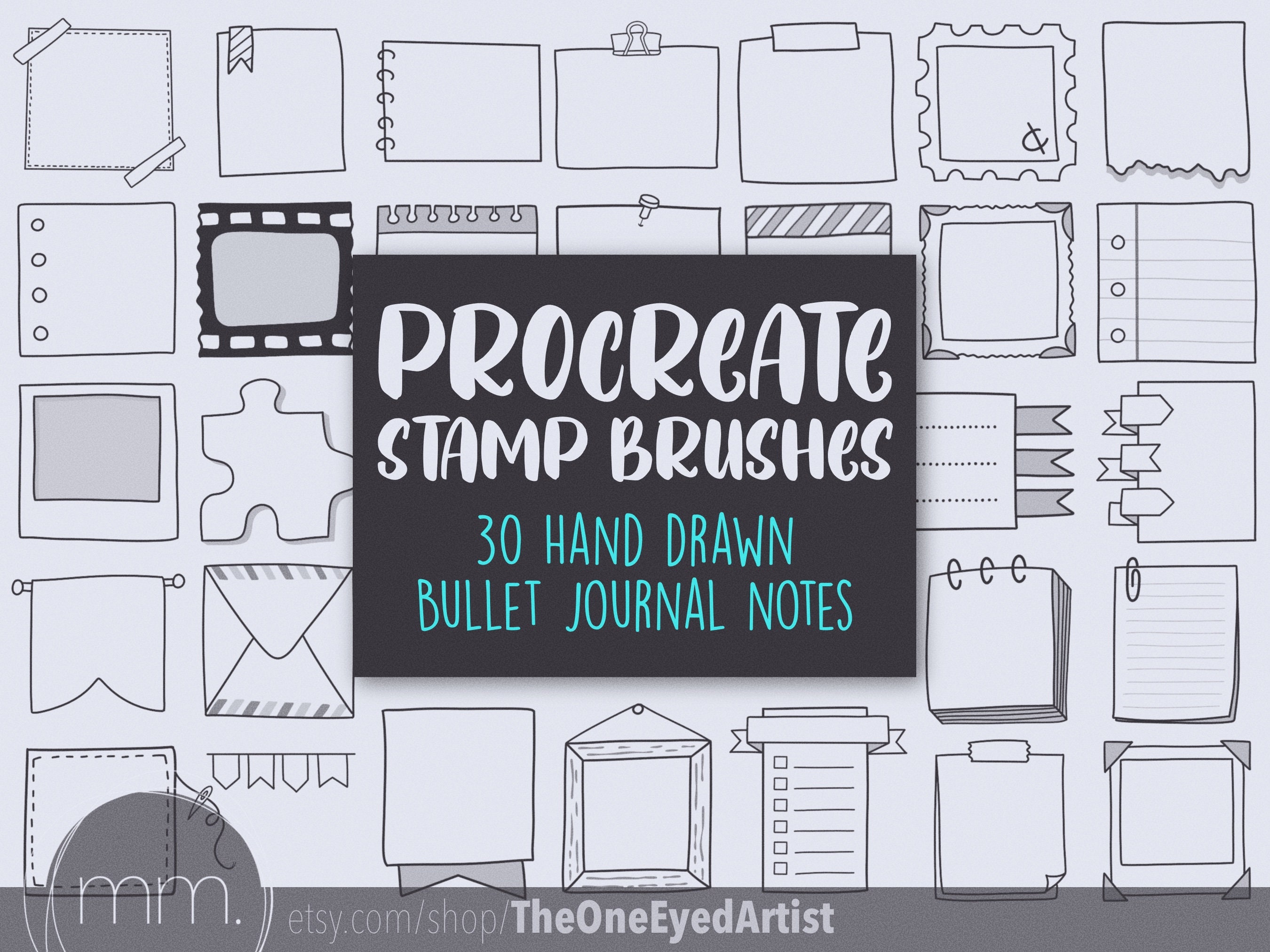 Procreate Stamp Brush Set 30 Hand Dawn Bullet Journal Notes Post-its ...