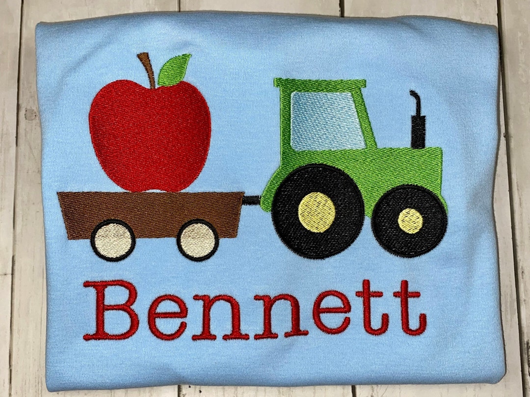 Tractor Pulling Apple - Heavy Fill Stitch - Fall Autumn Boy Farm ...