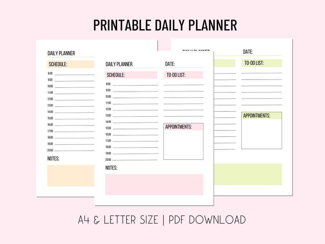 Printable Daily Planner Daily Schedule 3 Color Options - Etsy