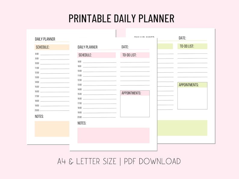 Printable Daily Planner Daily Schedule 3 Color Options - Etsy