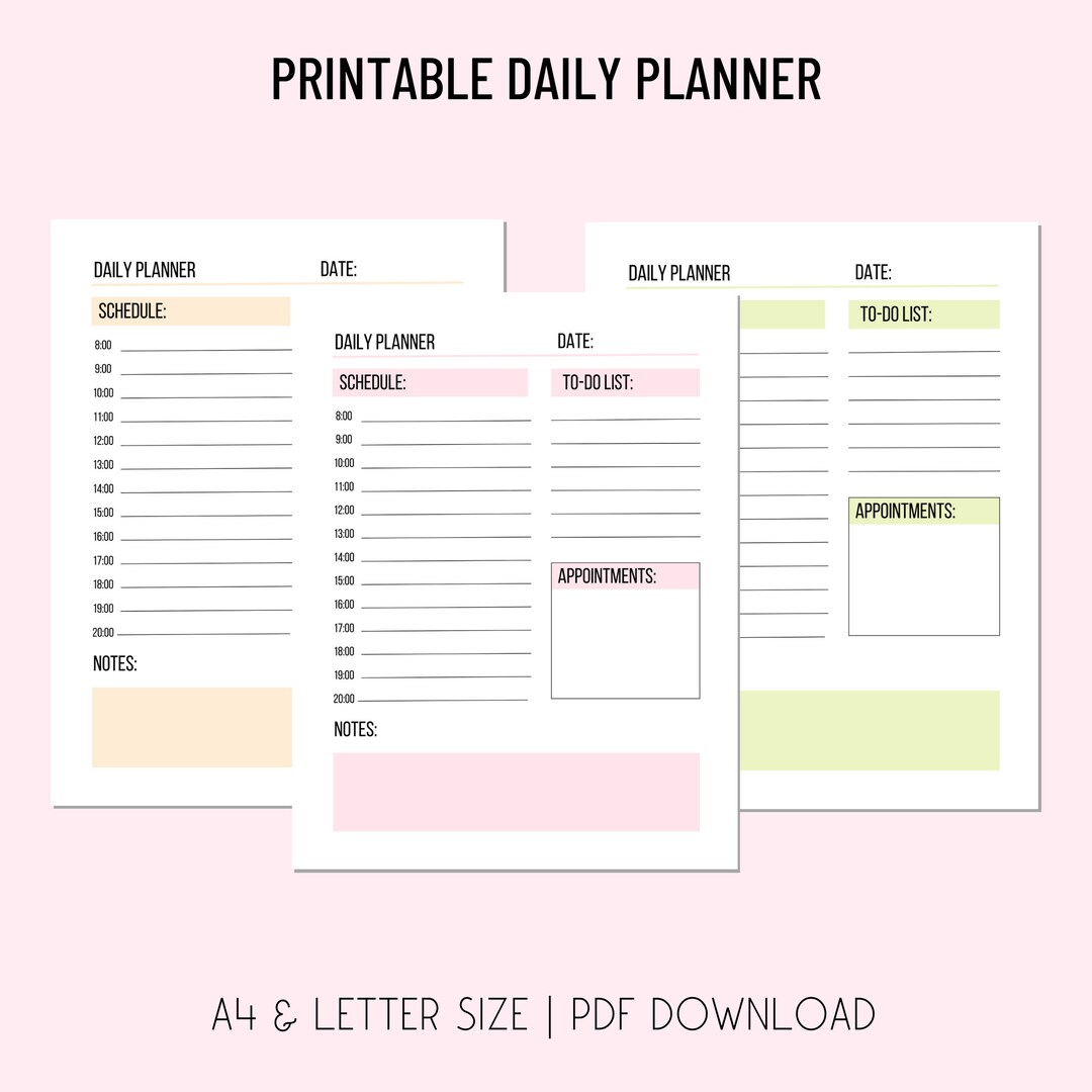Printable Daily Planner Daily Schedule 3 Color Options A4 and Letter ...