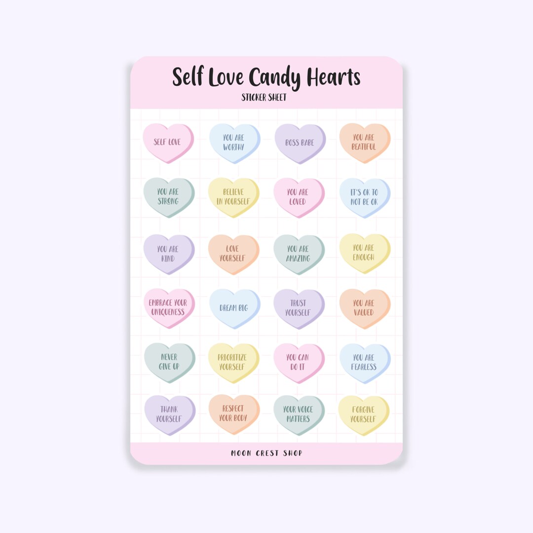 Self Love Affirmations Candy Hearts Sticker Sheet | Cute Pastel Bullet ...