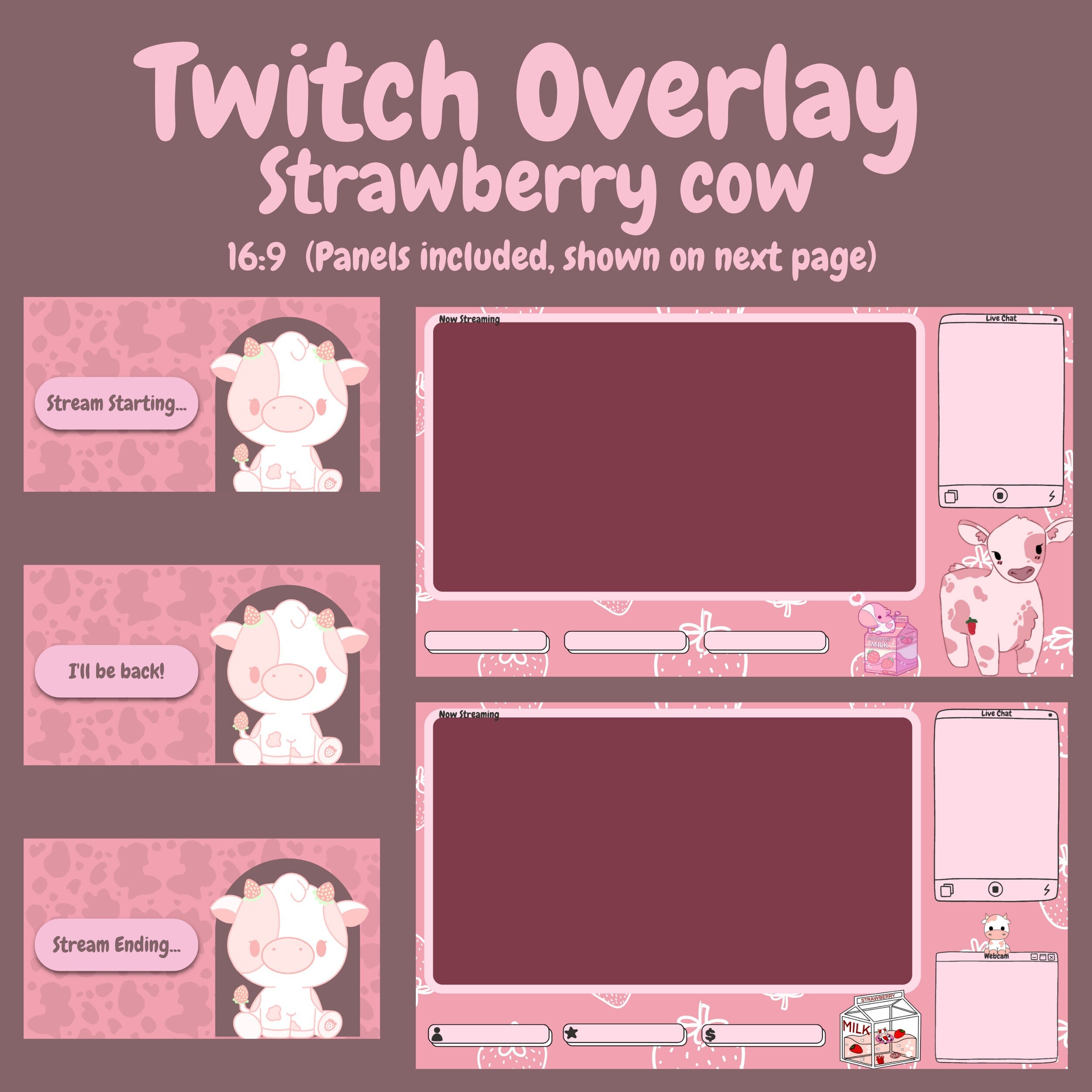 TWITCH and STREAM OVERLAY | Strawberry Cow Theme | Bundle Pack! Cute ...