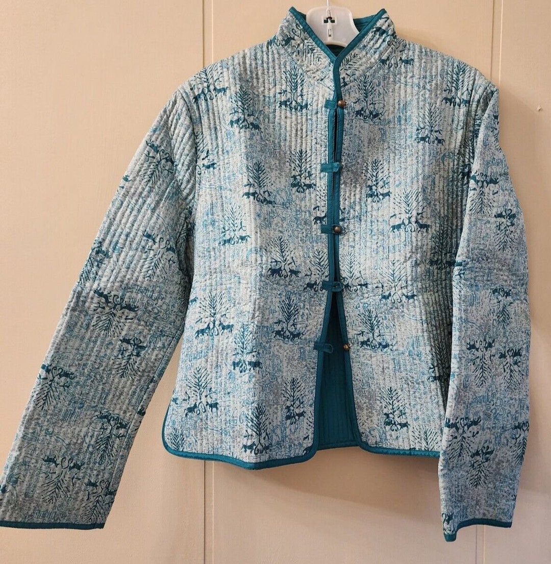 The Tibetan Trader Asian Quilted Jacket Womens Medium Aqua Floral Print ...