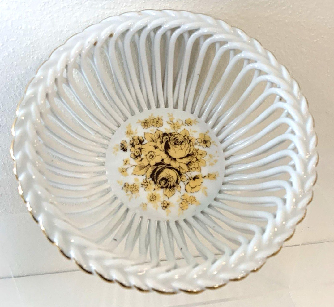 Apulum Fine Porcelain Reticulate Gold Rim Bowl 6x3 Hand Painted VTG 50s ...