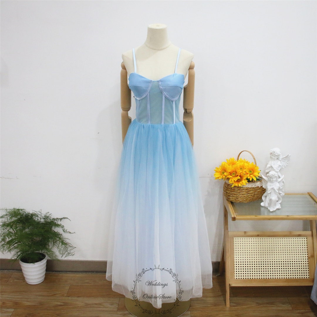Sky Blue Gradient White Prom Dress, Spaghetti Straps Party Dress, 16 ...