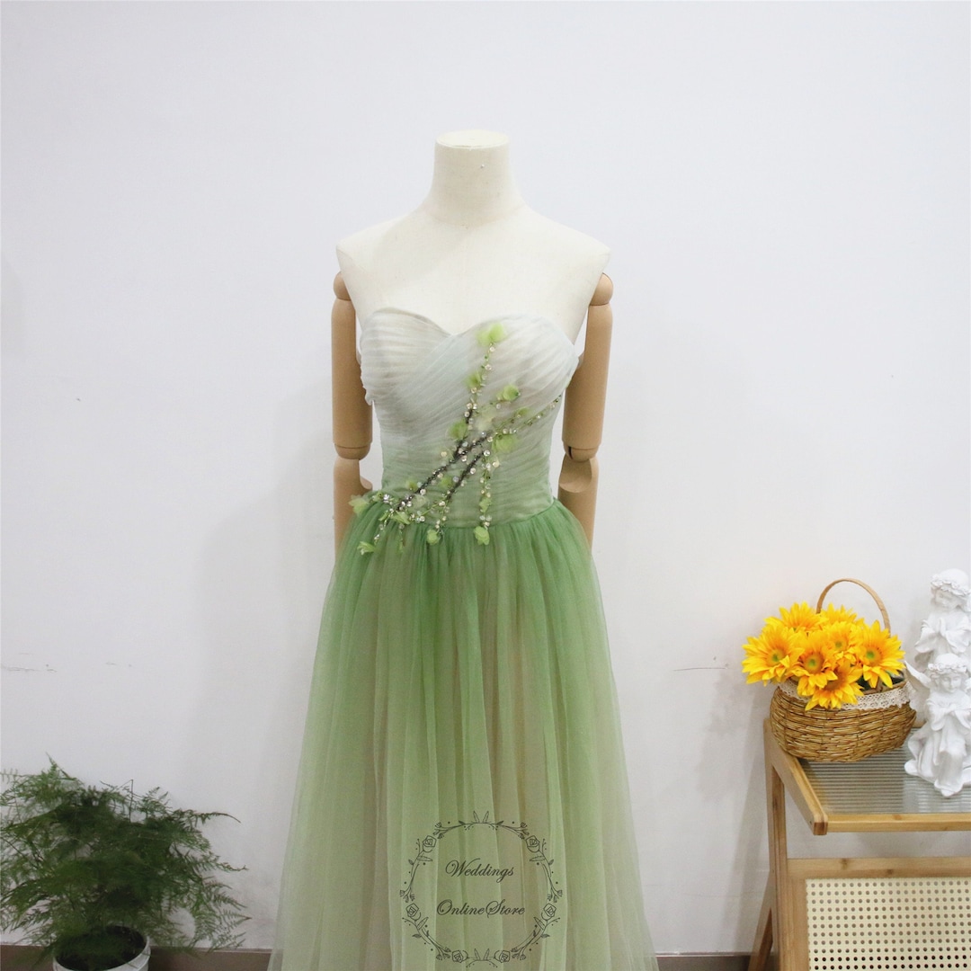 Gradient Green Prom Dress, 3D Flower Lace Party Gown, Ruched Sweetheart ...