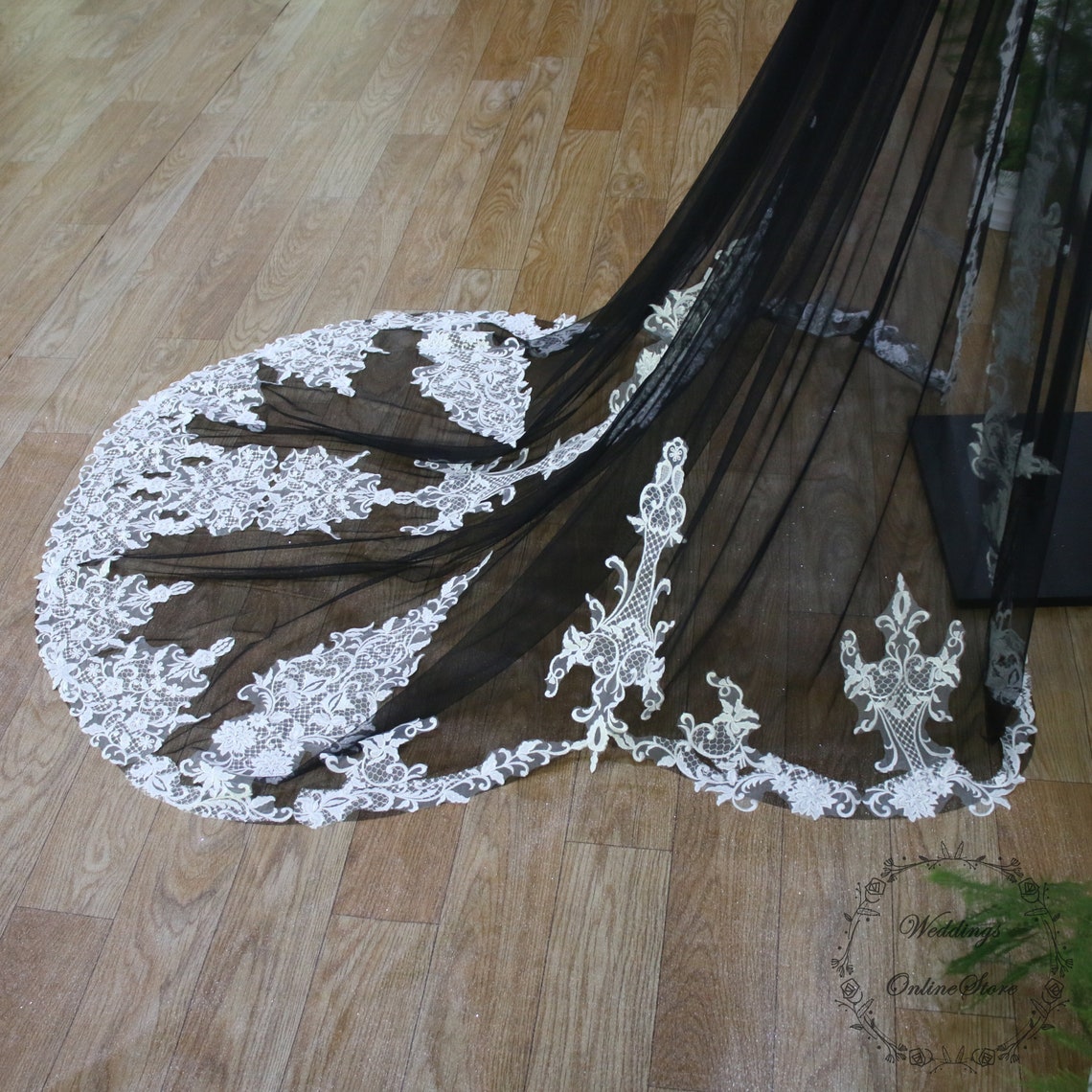 Gothic Wedding Veil Floral Applique Veil Black Tulle White - Etsy