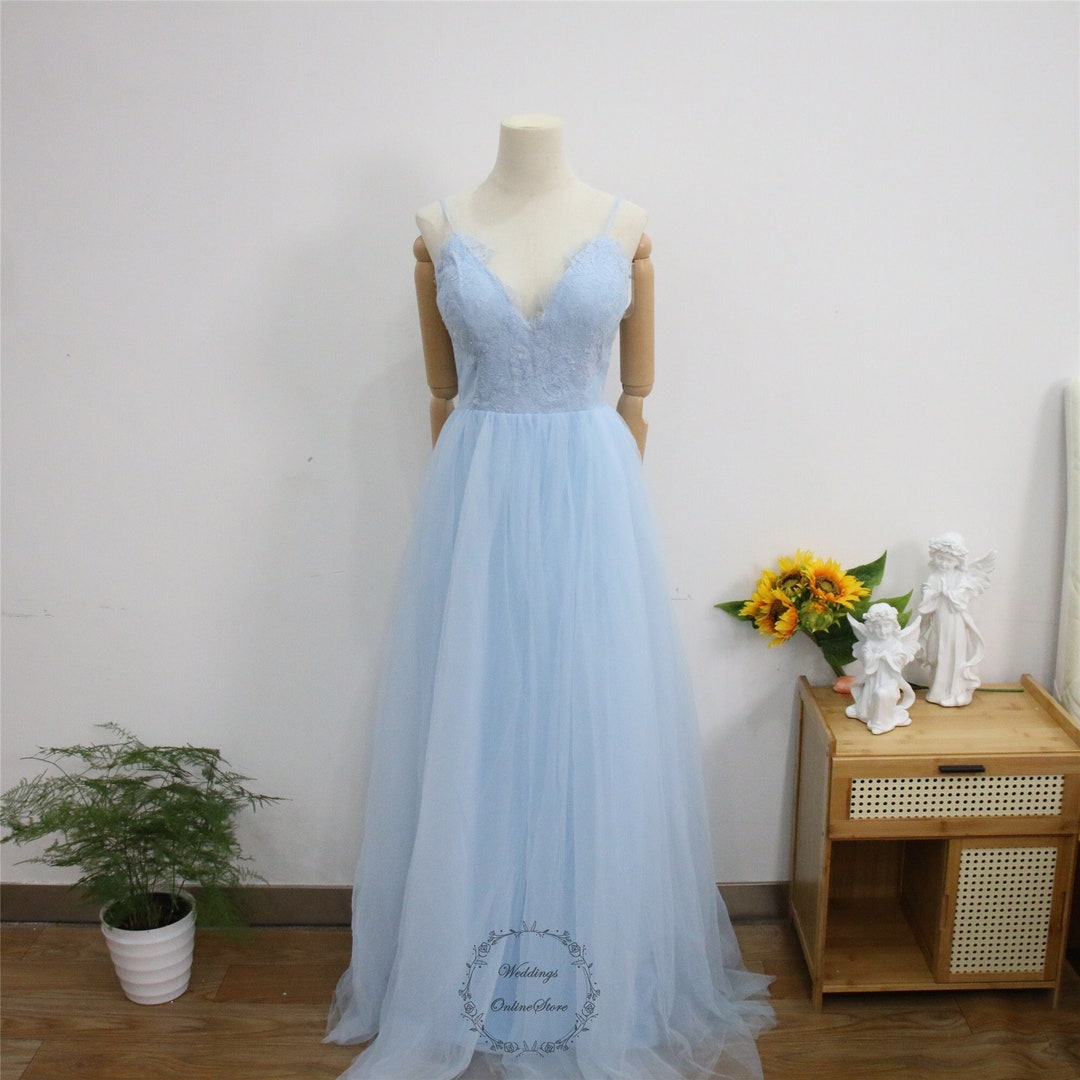 Baby Blue Lace Prom Dress, Sleeveless Tulle Graduation Dress, Spaghetti ...