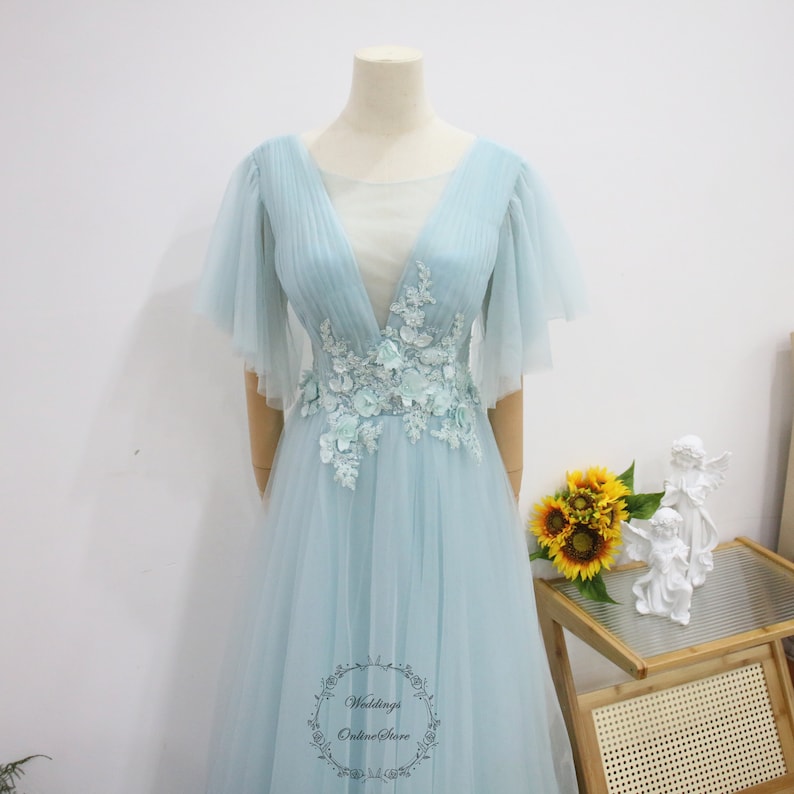 Pale Blue Draped Tulle Prom Dress 3D Lace Floral Party Gown - Etsy