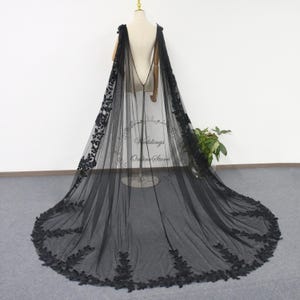 Black Gothic Wedding Cape Veil, Black Tulle Black Leaf Lace Cape Veil ...