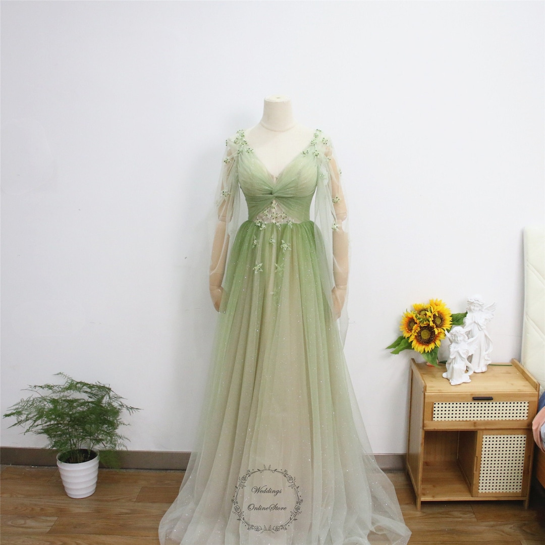 Gradient Green Long Sleeve Prom Party Dress, 3D Flower Party Gown ...