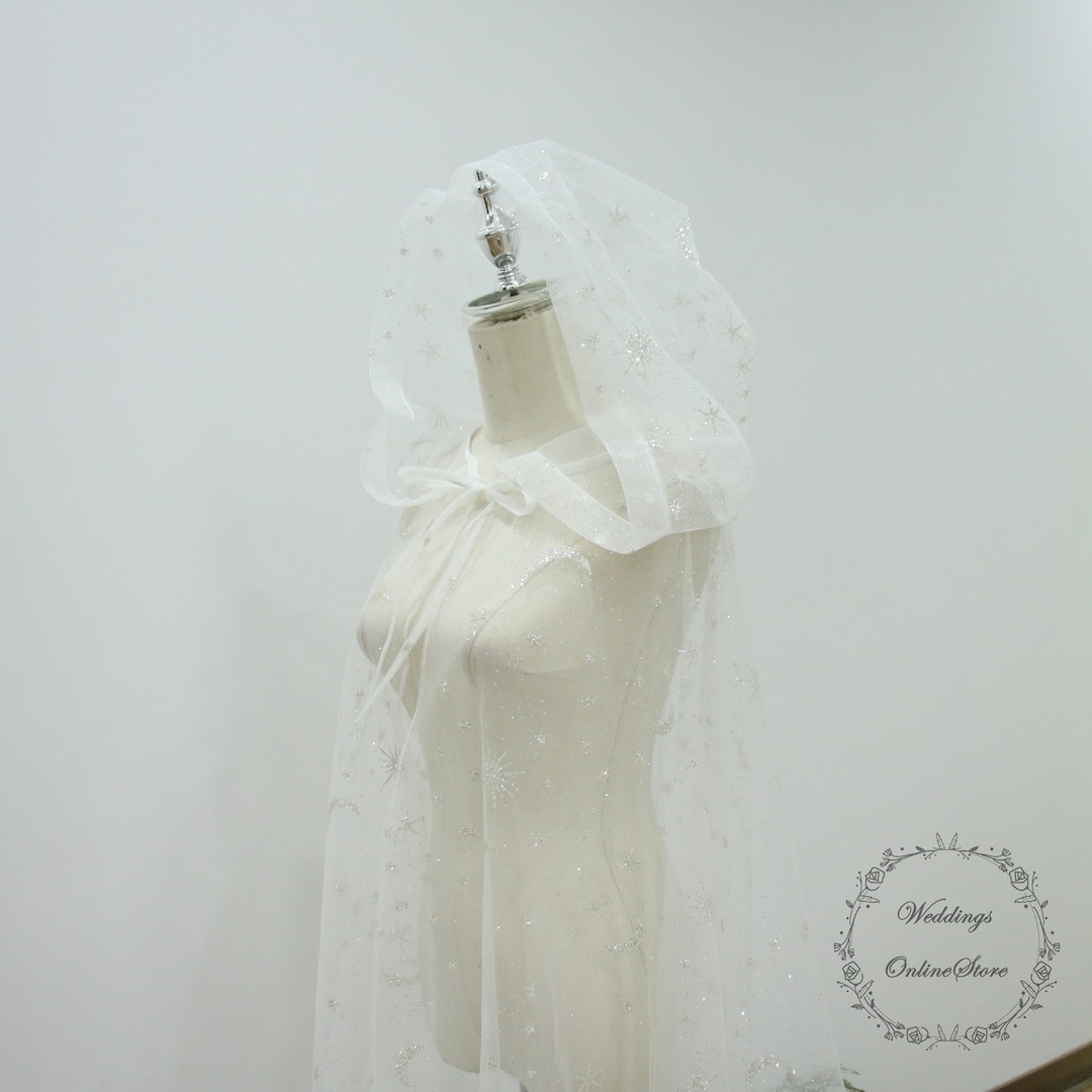 Star Moon Cape Veil, Sparkly Hooded Bridal Veil, Celestial Bridal Cape ...