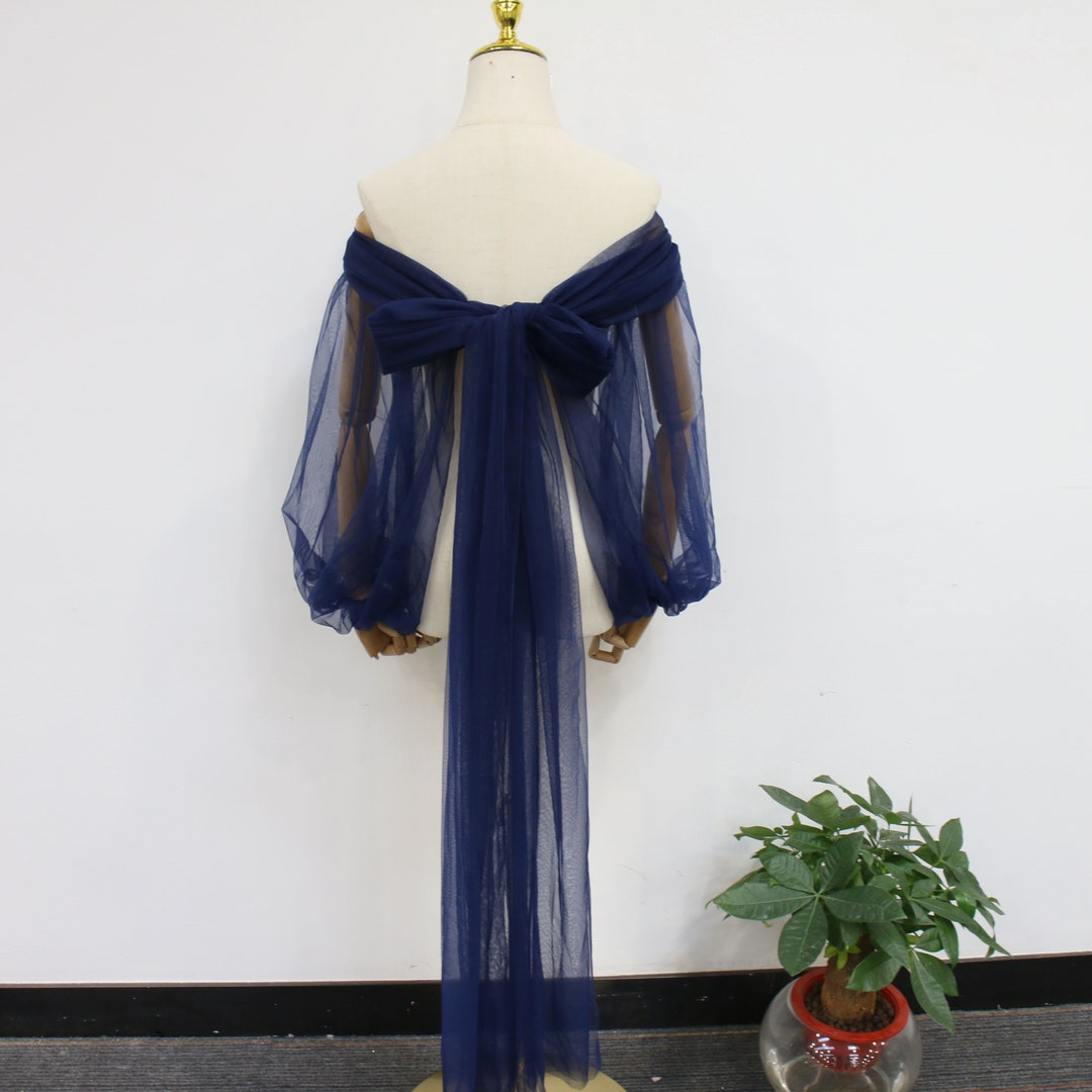 Blue Tulle Bridal Wrap With Long Sleeve, Fairy off the Shoulder Long ...