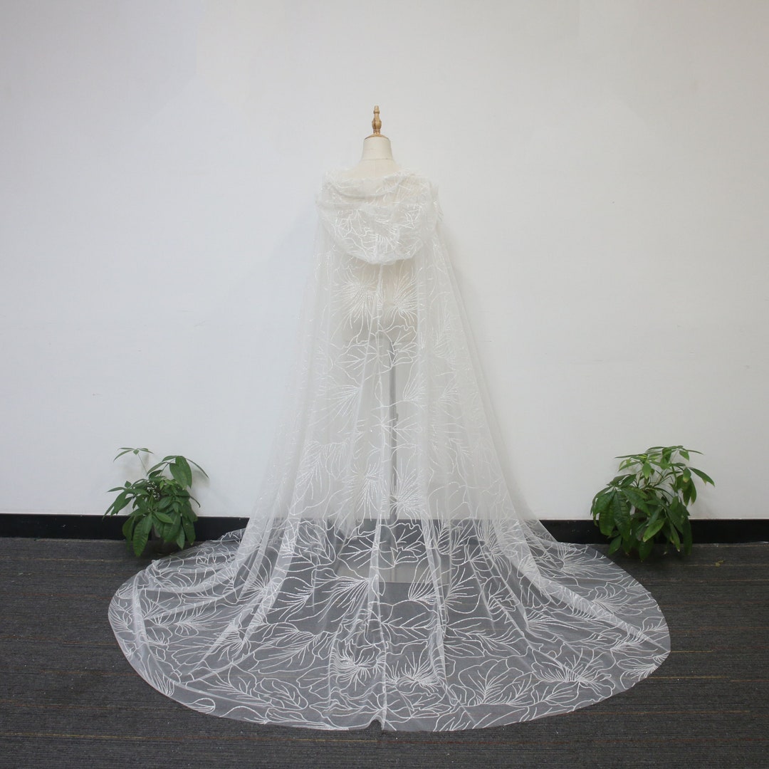 Sparkly Silver Sequin Hooded Bridal Veil, Vintage Leaf Cape Veil, White Cathedral Veil, Starry ...
