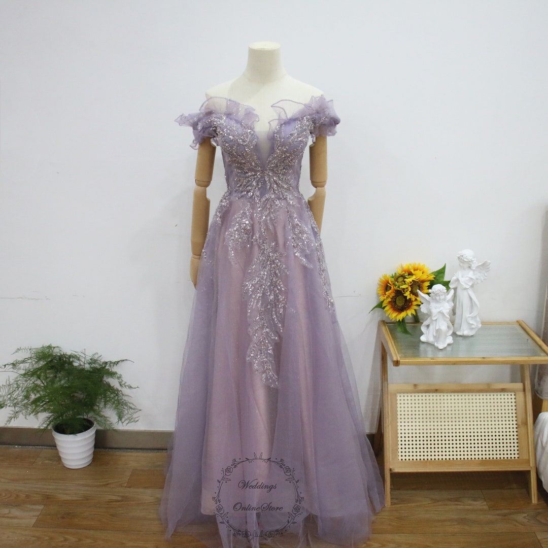 Shiny Purple Sequin Prom Gown, Ruffled Deep V Neck Sleeveless Party ...