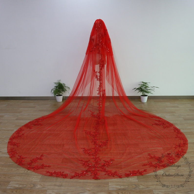 Cathedral Veil Red Wedding Veil Lace Edge Veil With Sequin - Etsy