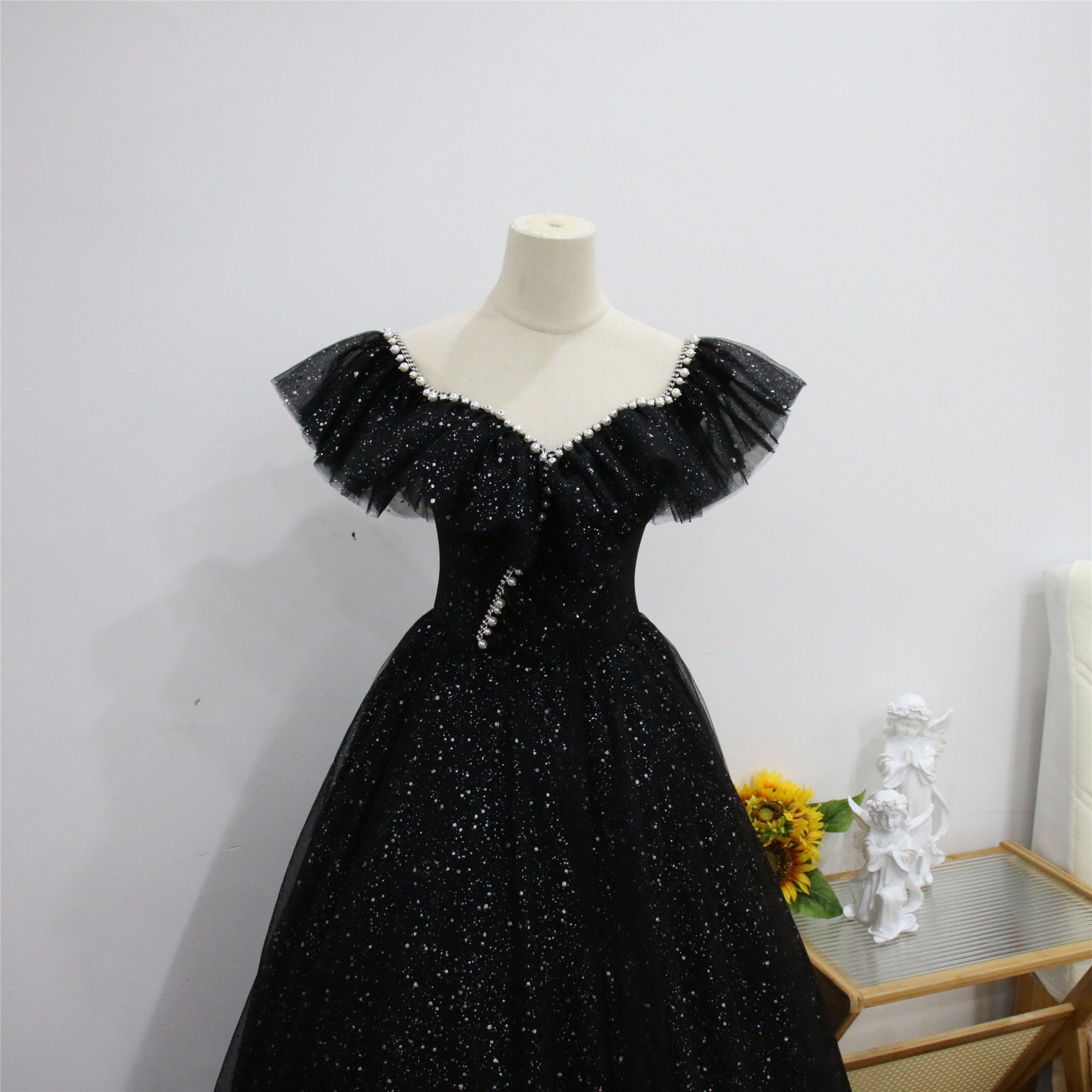 Black Sparkly Sequin Prom Ball Gown Elegant Pearl Quinceañera - Etsy
