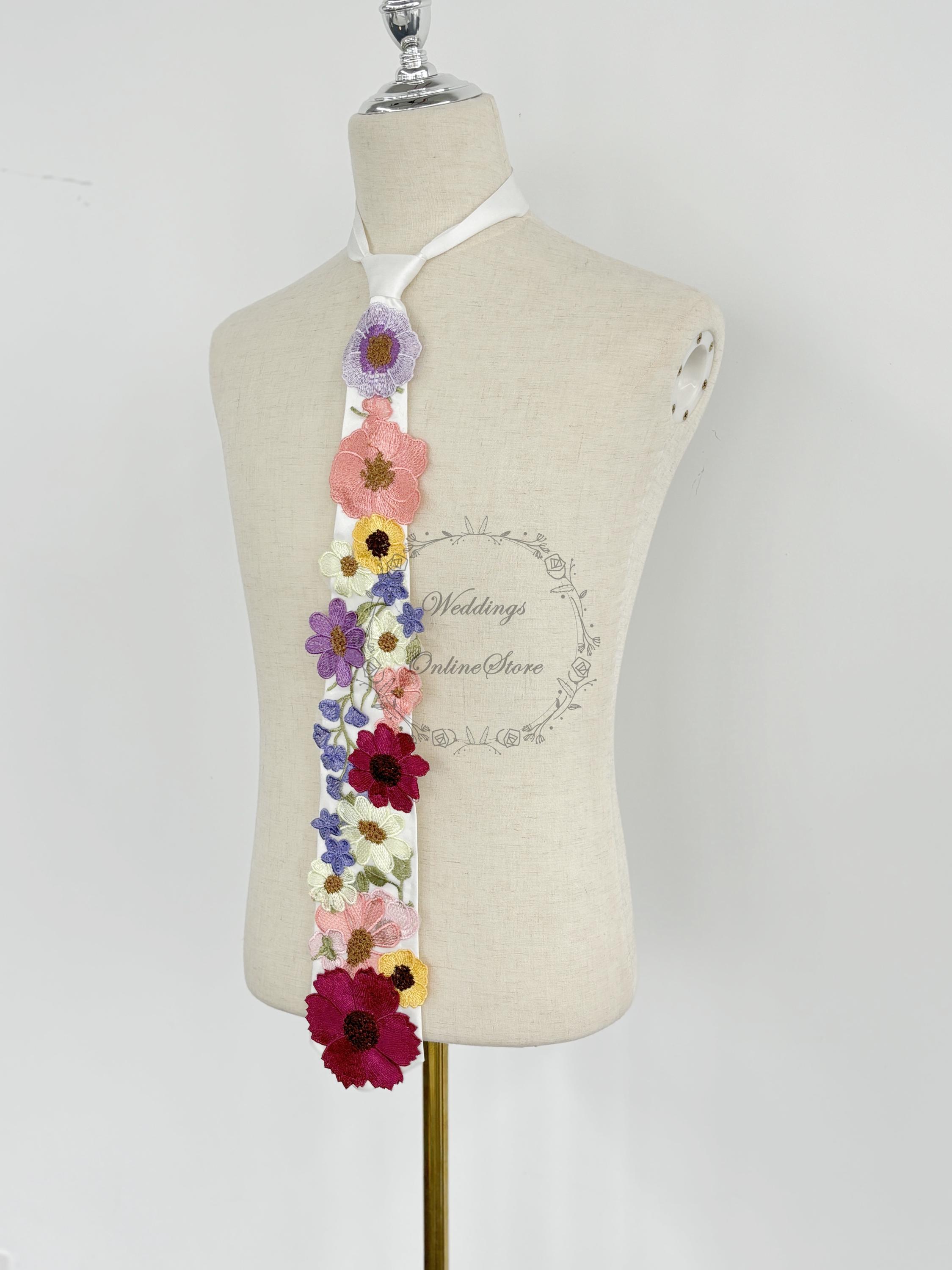 Vintage Colorful Flower Necktie, Floral Lace Groom Tie, Groom Wedding ...