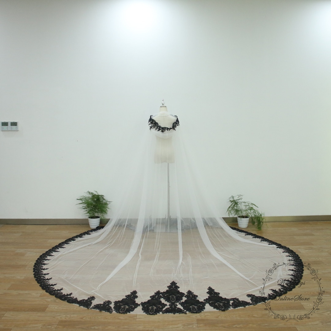 Gothic Wedding Veil, Black Lace Hooded Bridal Veil, Applique Cape Veil ...