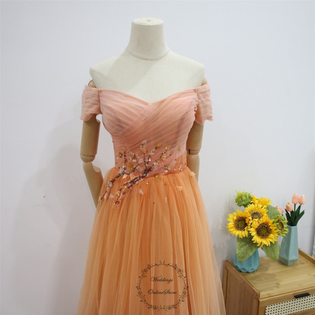 Gradient Orange Prom Dress, Fairy Flower Graduation Dress, Long Evening ...