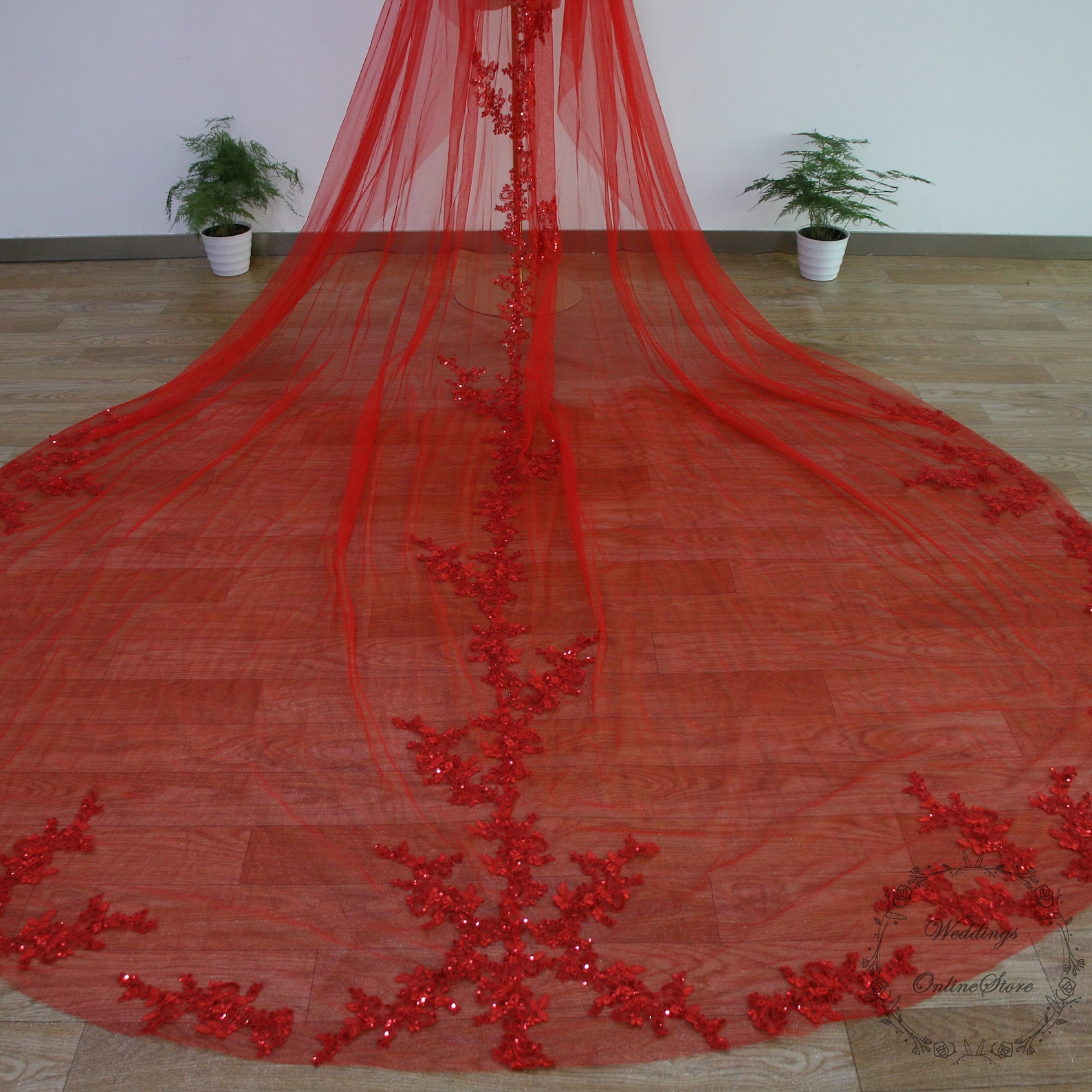 Cathedral Veil Red Wedding Veil Lace Edge Veil With Sequin - Etsy