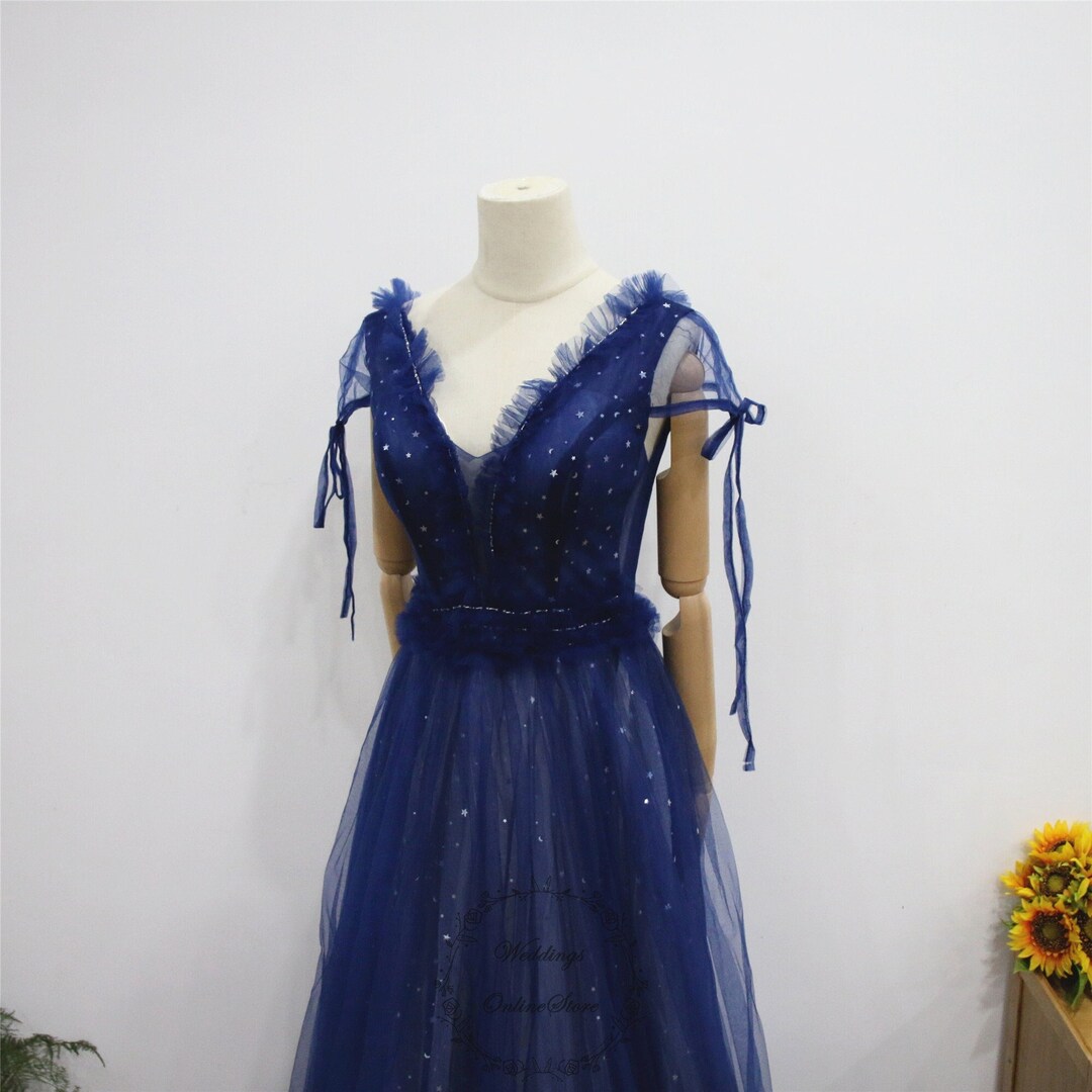 Indigo Blue Prom Dress, Star Moon Sequin Graduation Dress, Deep V ...