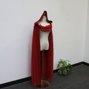 Boho Red Hooded Cape, Beaded Bridal Cloak, Lace Wedding Cape, Chiffon ...