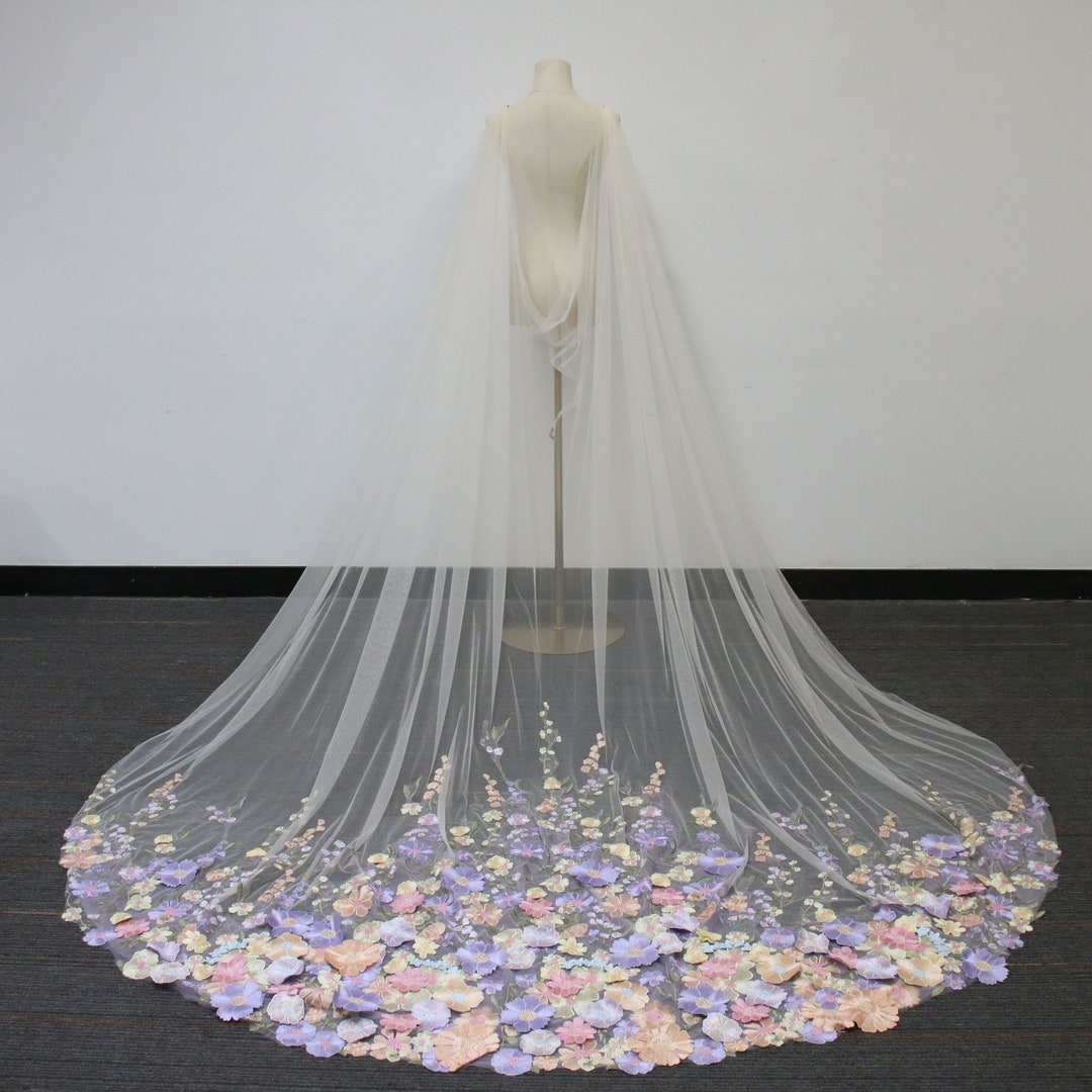 Romantic Yellow Pink Purple Flower Cape Veil, V Back Cathedral Shoulder ...