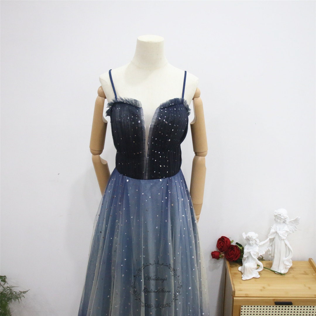 Gradient Blue Prom Dress, Star Moon Evening Dress, Spaghetti Strap ...