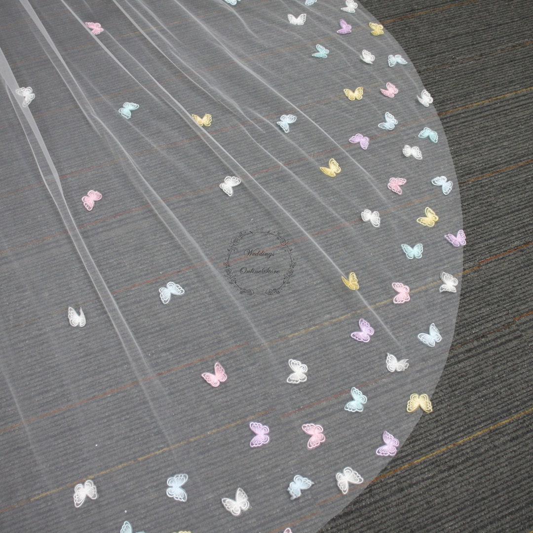 Colorful 3D Butterfly Veil, Long Cathedral Wedding Veil, Elegant Bridal ...