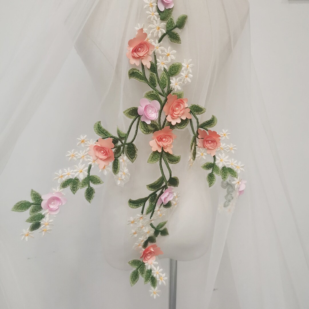 Colorful Flower Wedding Veil, Vintage Lace Veil, Ivory Cathedral Veil ...