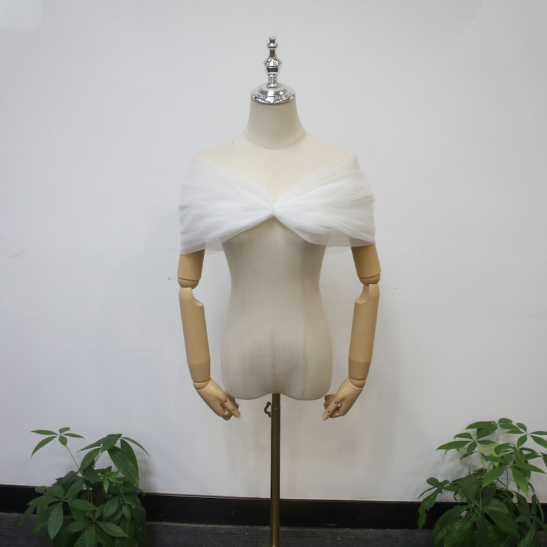 White Tulle off Shoulder Bridal Wrap, Minimalist Solid Color Sleeves ...