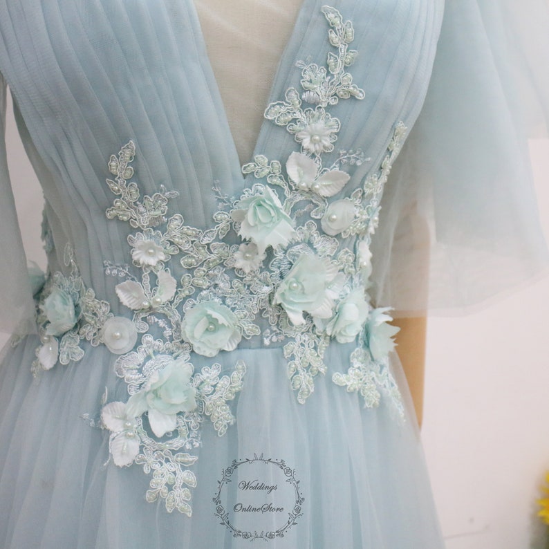 Pale Blue Draped Tulle Prom Dress 3D Lace Floral Party Gown - Etsy