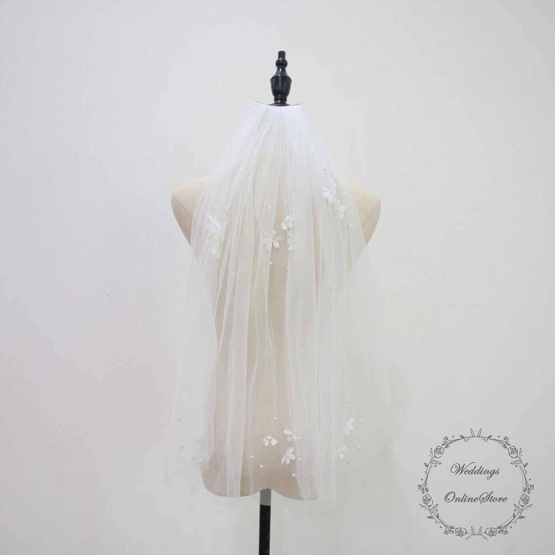 Elegant Wedding Veil, Flower Bridal Veil With Pearl, Short Elbow Veil ...