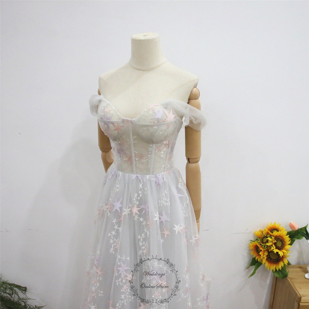 Star Embroidery Prom Dress, Long Gray Party Dress, off Shoulder ...