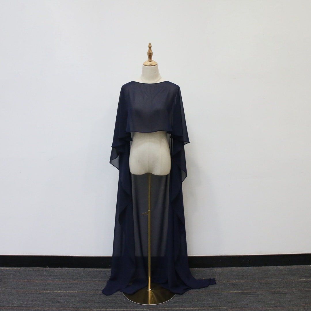 Navy Blue Chiffon Long Shawl Cloak, Minimalist Bridal Wedding Cape ...