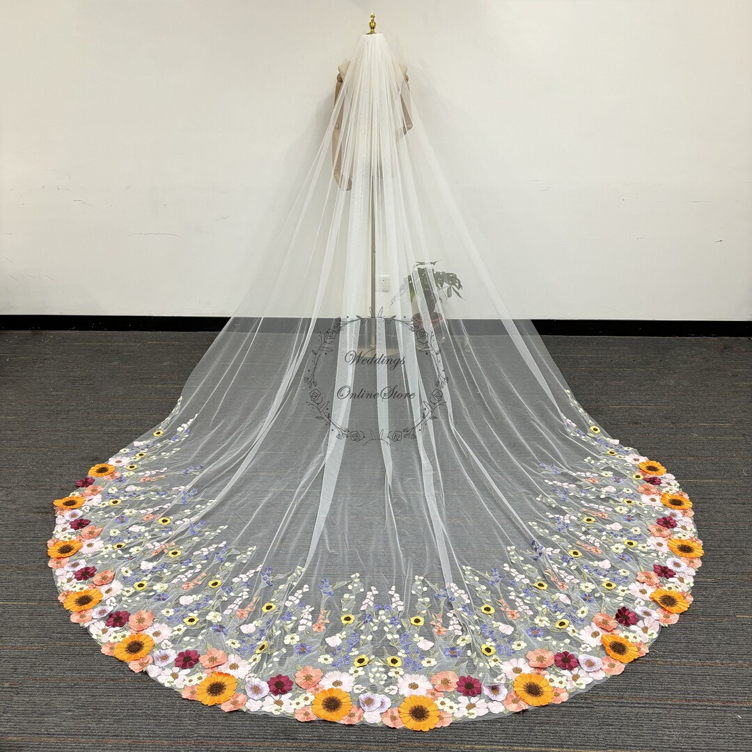 Retro Floral Wedding Veil, Colorful Flowers Lace Bridal Veil, Long ...