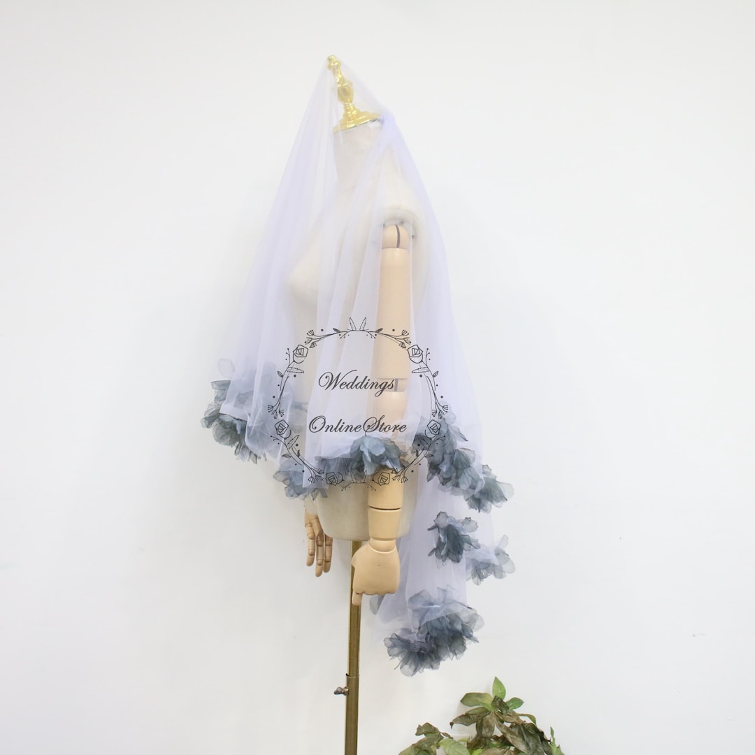 Gradient Gray Flower Wedding Veil, Purplish Blue Tulle Blusher Veil ...